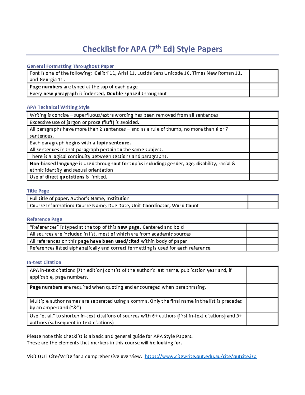 APA Style Checklist - Checklist for APA ( th Ed) Style Papers General ...