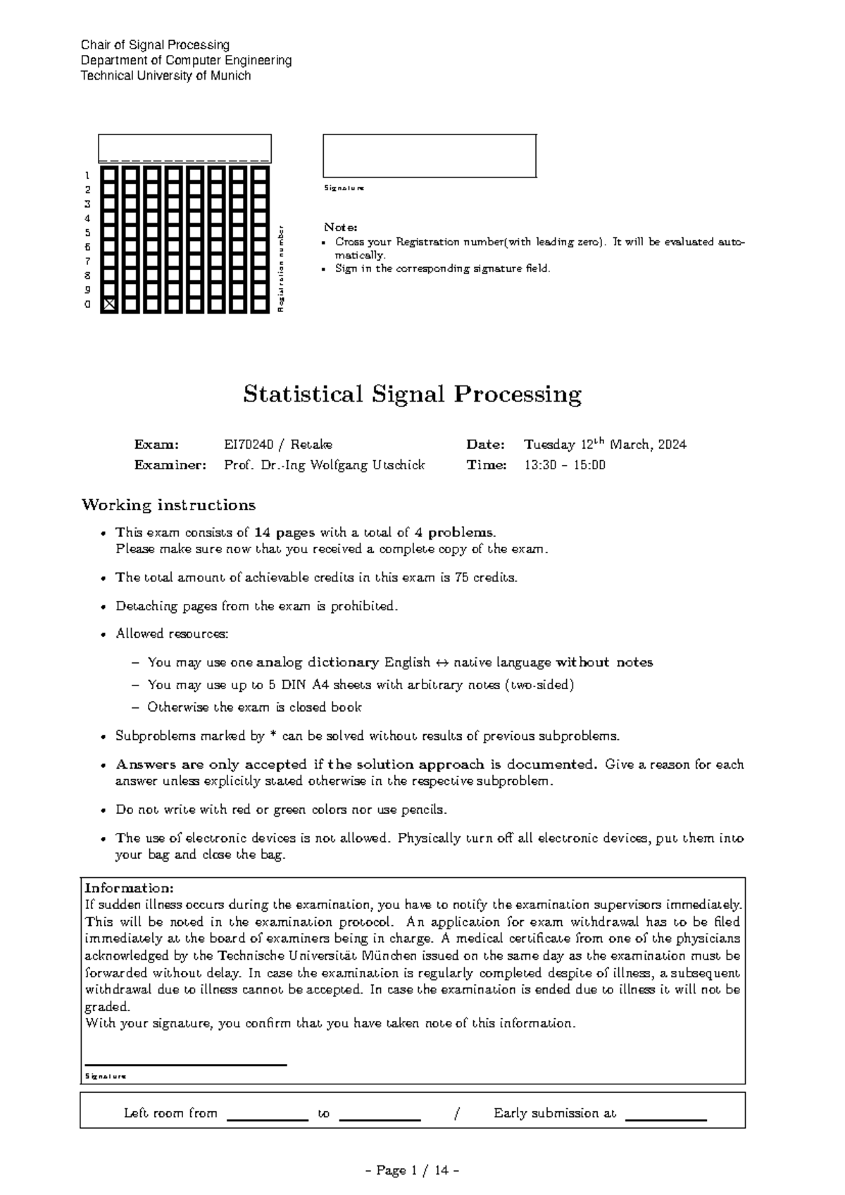 WS2024 EXAM of Statistical Signal Processing - Chair of Signal Processing Department of Computer ...