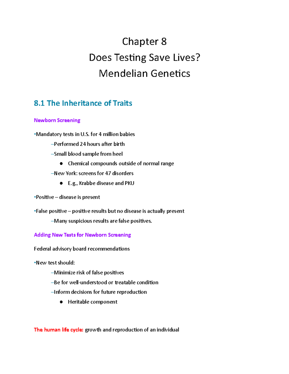 BIOL 1408 Chapters 8 , 9 (Test 4) - Chapter 8 Does Testing Save Lives ...