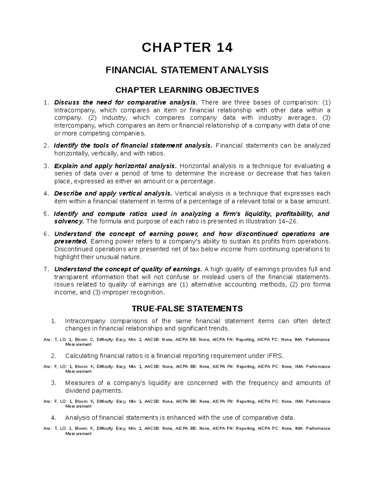 Ch14 - Testbank - CHAPTER 14 FINANCIAL STATEMENT ANALYSIS CHAPTER ...