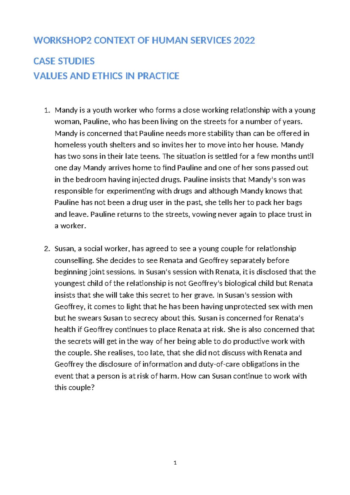 Tutorial 2 - 2022 Context OF Human Services Workshop 2 Case Studies ...