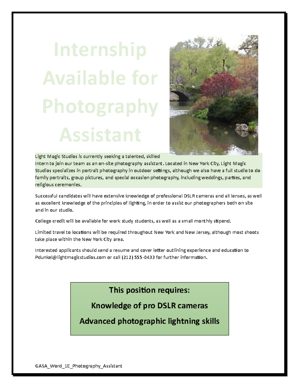 GASA Word 1E Photography Assistant - Internship Available for ...