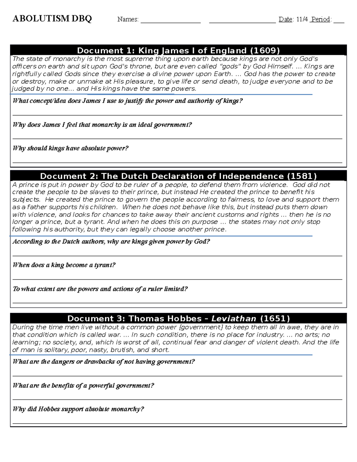 Absolutism DBQ - 4 in the mornin shawty textin me now - ABOLUTISM DBQ ...