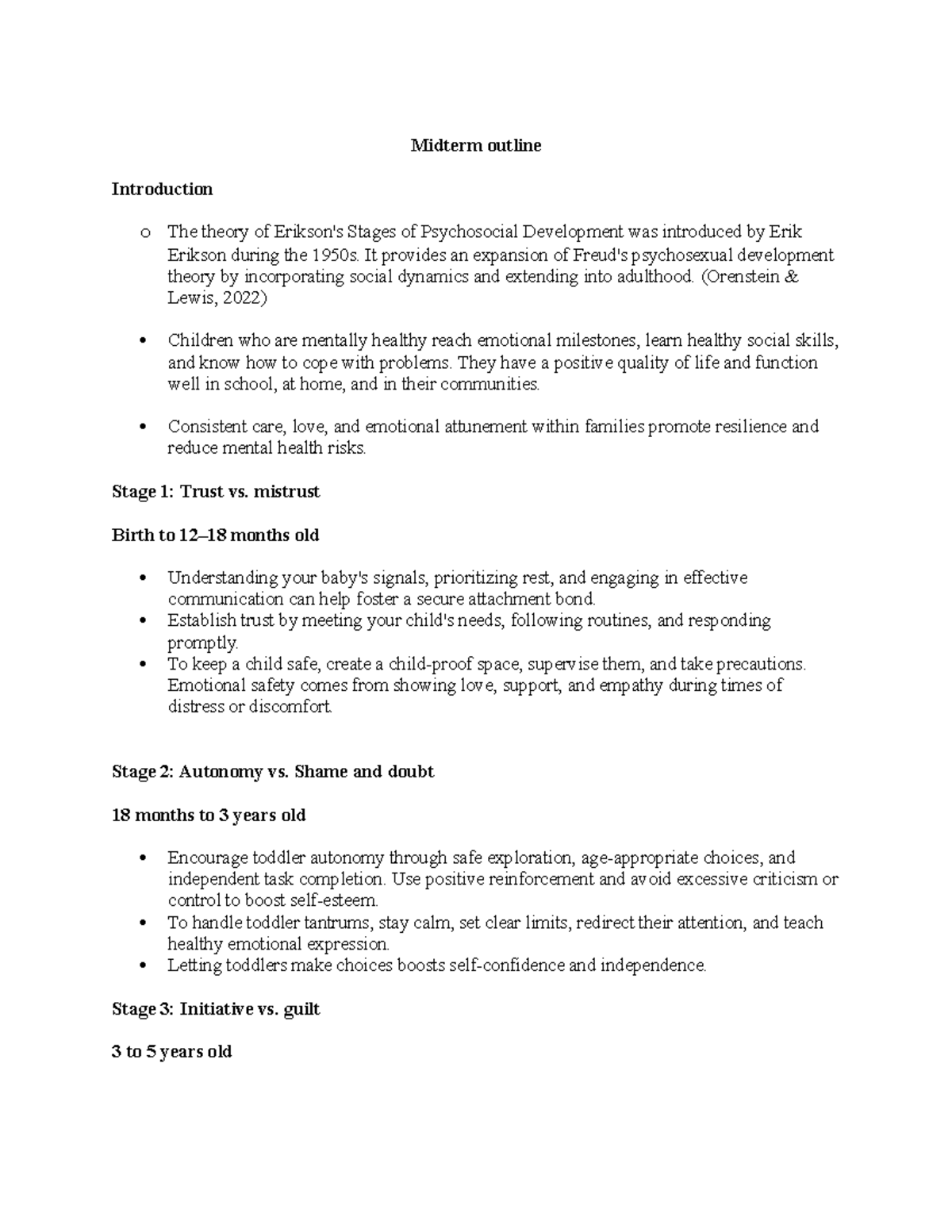 Midterm outline - n/a - Midterm outline Introduction o The theory of Erikson's Stages of - Studocu