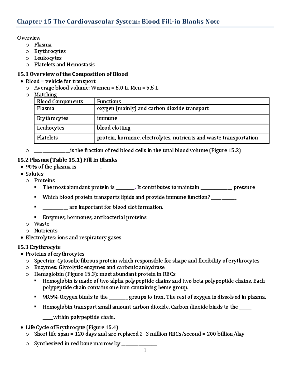 Chapter 15 Blood Fill-in Blanks Lecture Note - Chapter 15 The ...