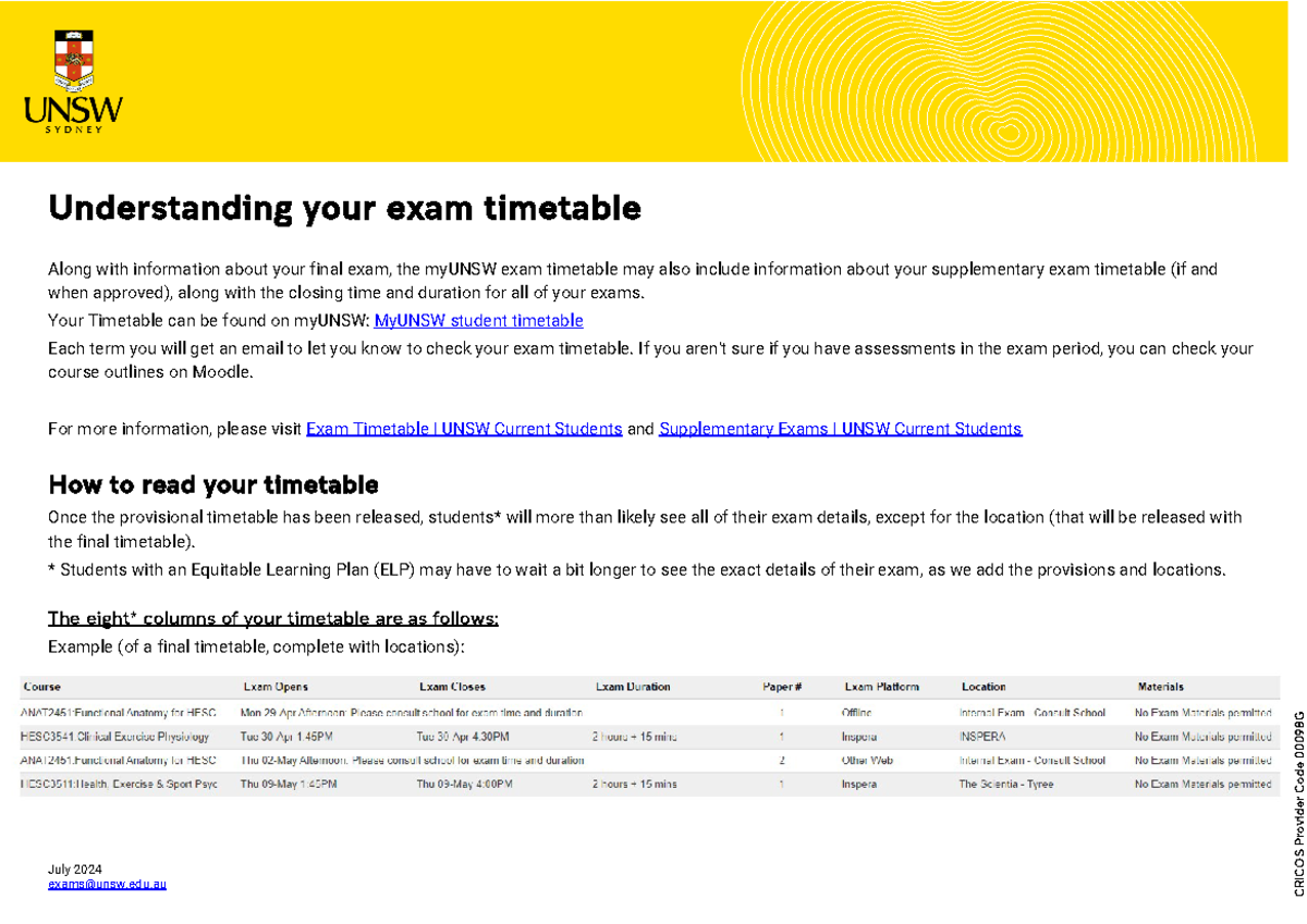Understanding your exam timetable - July 2024 exams@unsw.edu CRICOS ...