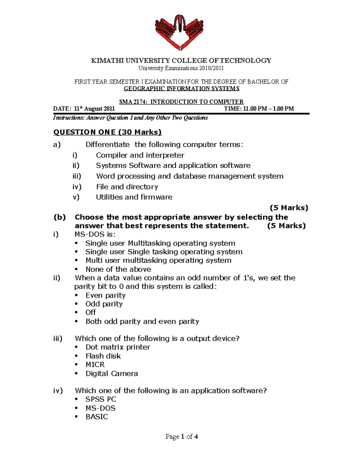 SMA 2174 Introduction TO Computer Science Examination JUNE 2 - KIMATHI ...