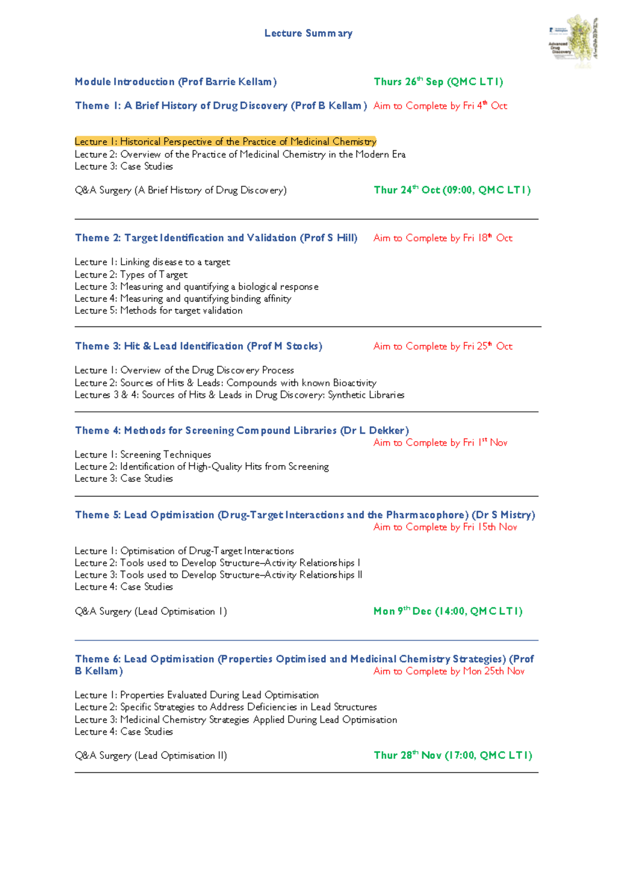 ADD Lecture Content - Summary Pharmacy - Lecture Summary Module ...