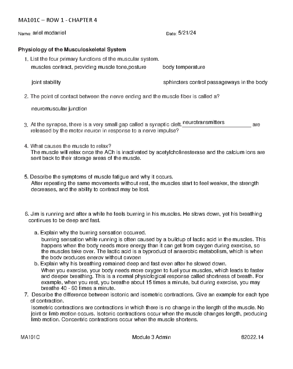MA101C ROW 1 Chapter 4 - MA101C – ROW 1 - CHAPTER 4 Name: Date: Physiology of the ...