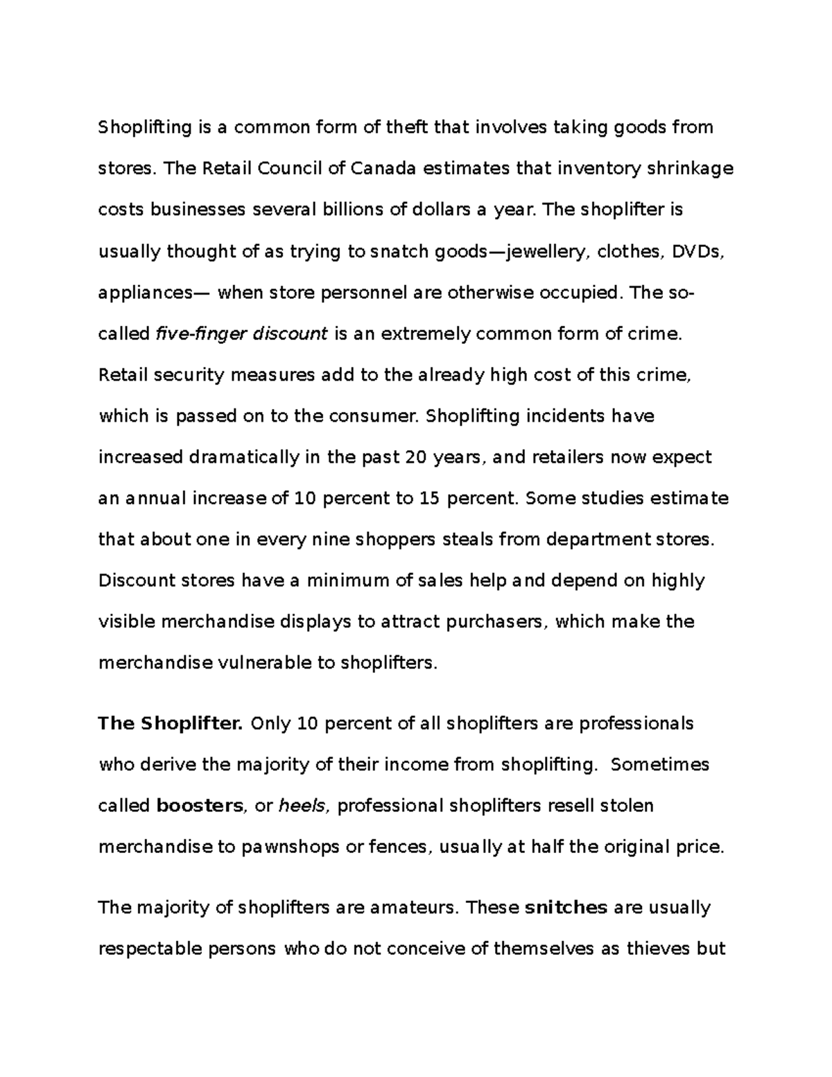 Shoplifting - Lecture notes 4-5 - Shoplifting is a common form of theft ...