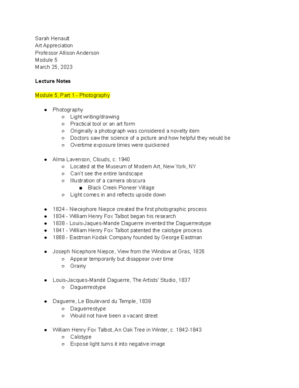 Sarah Henault - Art Appreciation Module 5 Lecture Notes - ART 202 ...