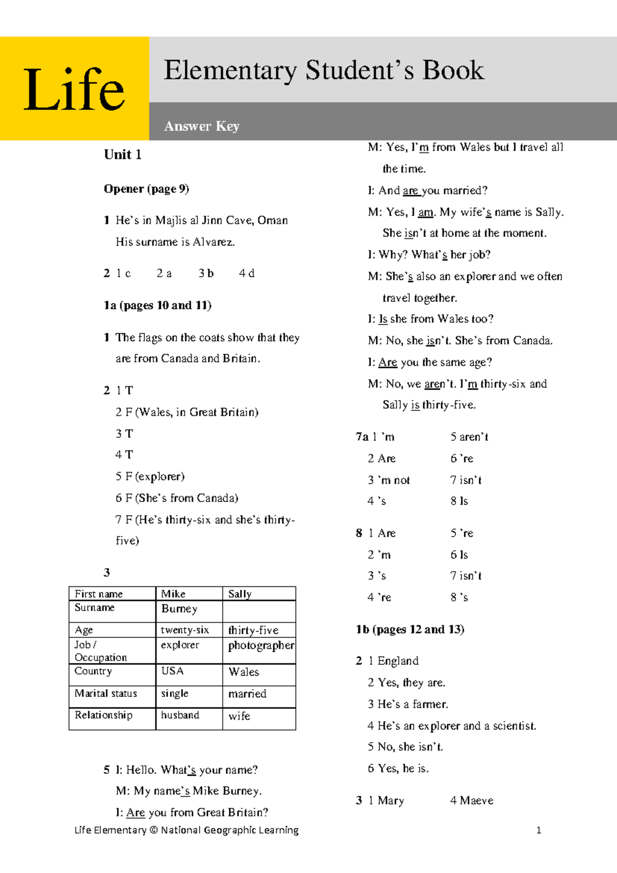Student's Book Answer Key - Elementary Student’s Book Answer Key Unit 1 Opener (page 9) 1 He’s ...