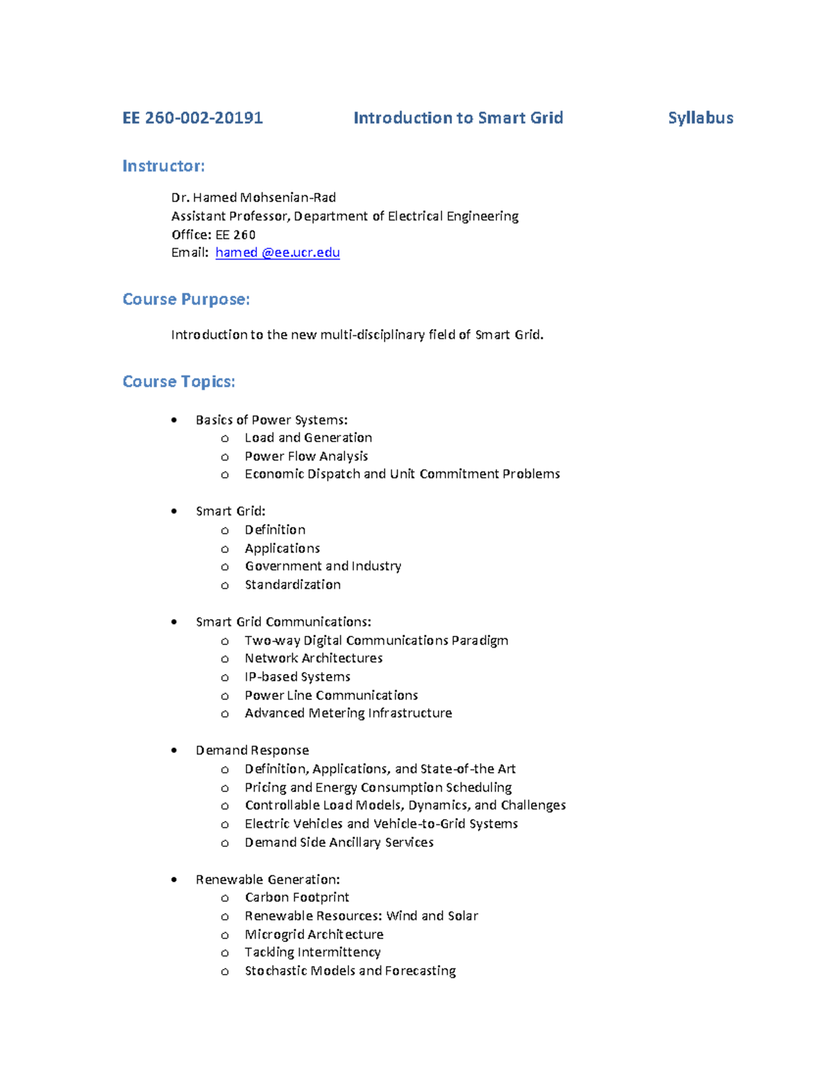 Syllabus Introduction Smart Grid - EE 260-002-20191 Introduction to Smart Grid Syllabus ...