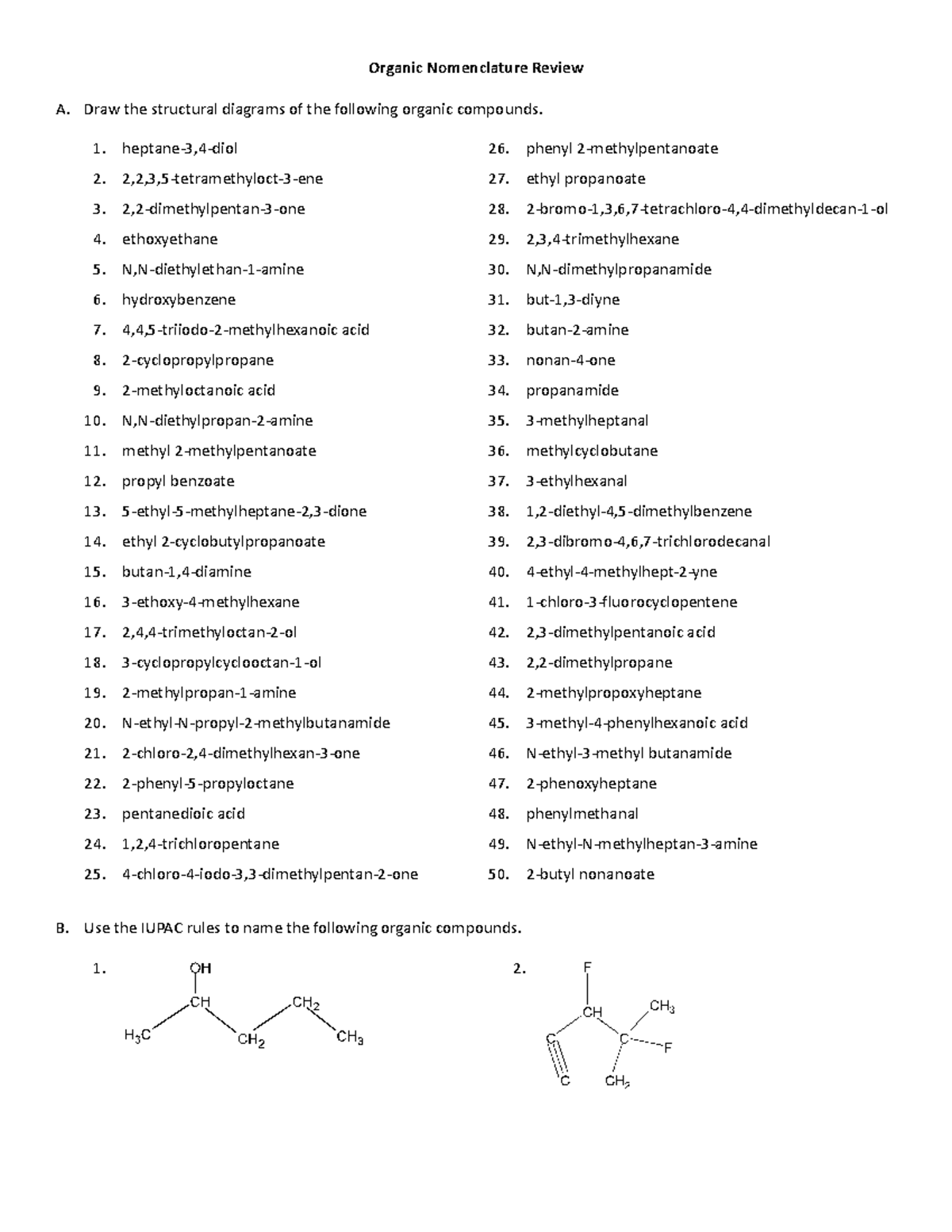 Organic Nomenclature Review - A. Draw the structural diagrams of the ...