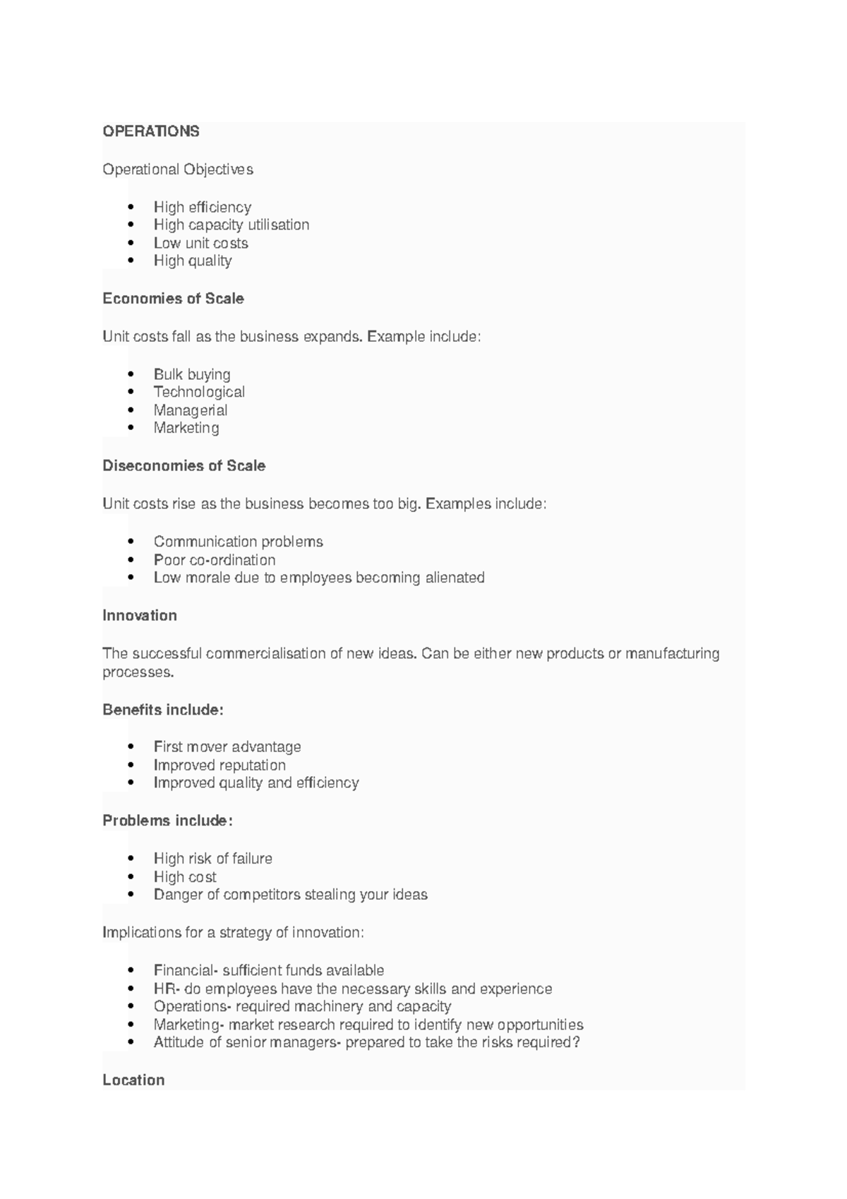 Operation Management notes - OPERATIONS Operational Objectives High ...