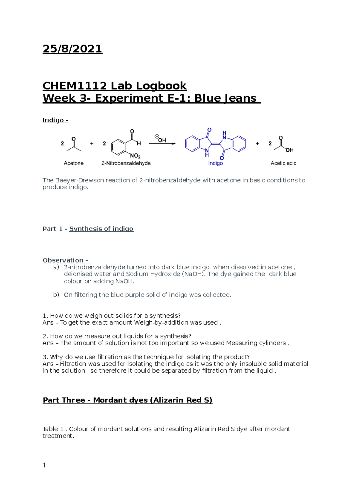 SID - Blue jeans practical - 25/8/ CHEM1112 Lab Logbook Week 3- Experiment E-1: Blue Jeans ...