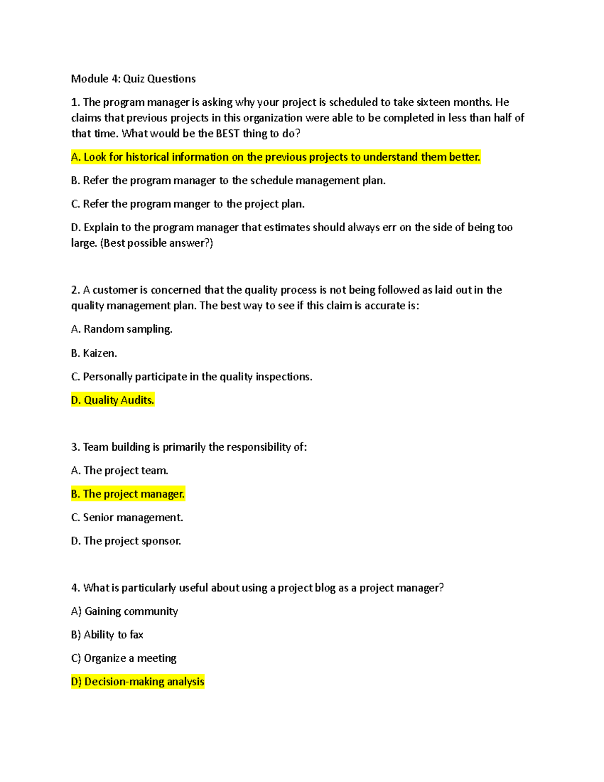 Project Management Basic 4 Quiz Questions prequiz - MGT-121 - Kirkwood ...