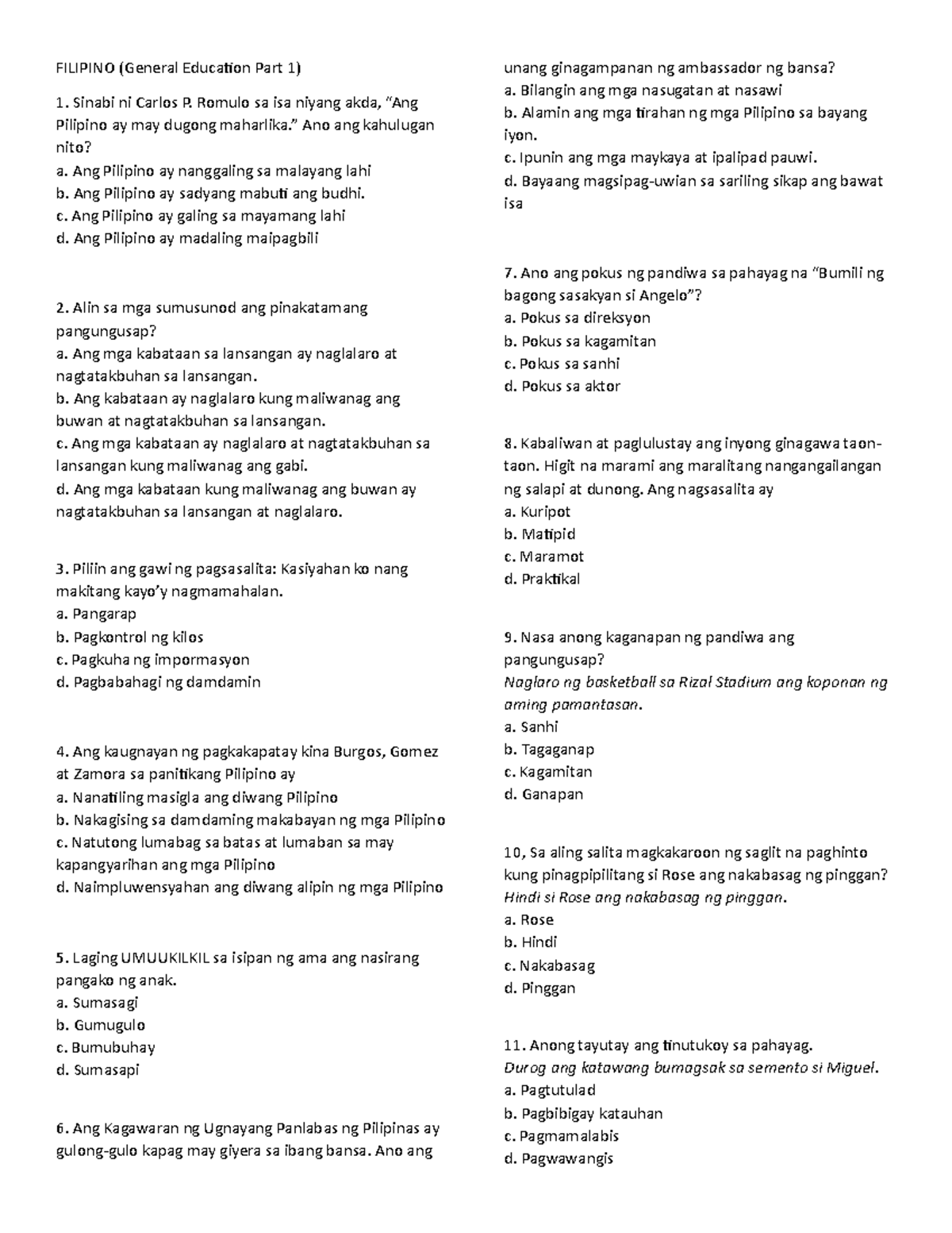 Filipino-Gen - Filipino - FILIPINO (General Education Part 1) Sinabi ni ...