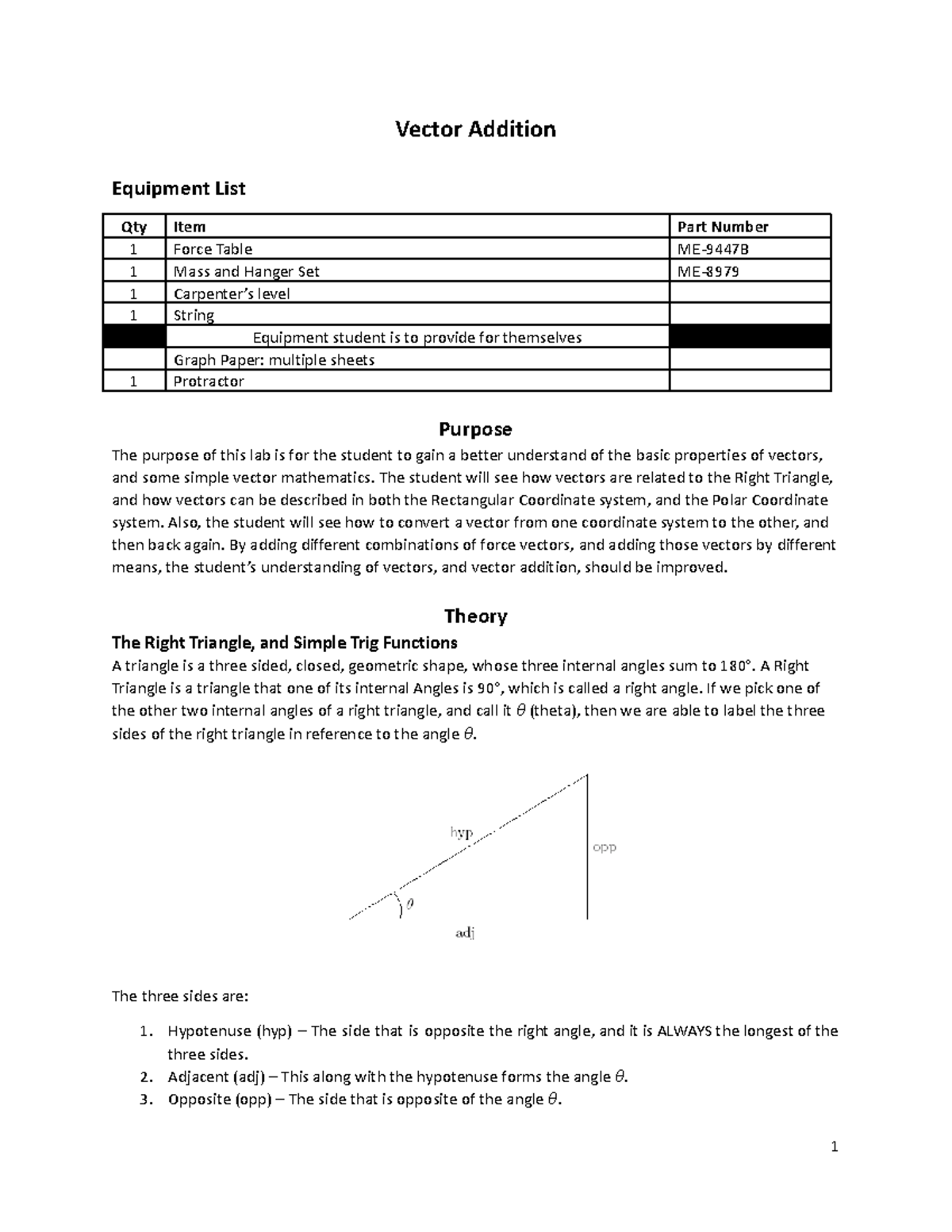 Vector Addition lab - Vector Addition Equipment List Qty Item Part Number 1 Force Table ME-9447B ...