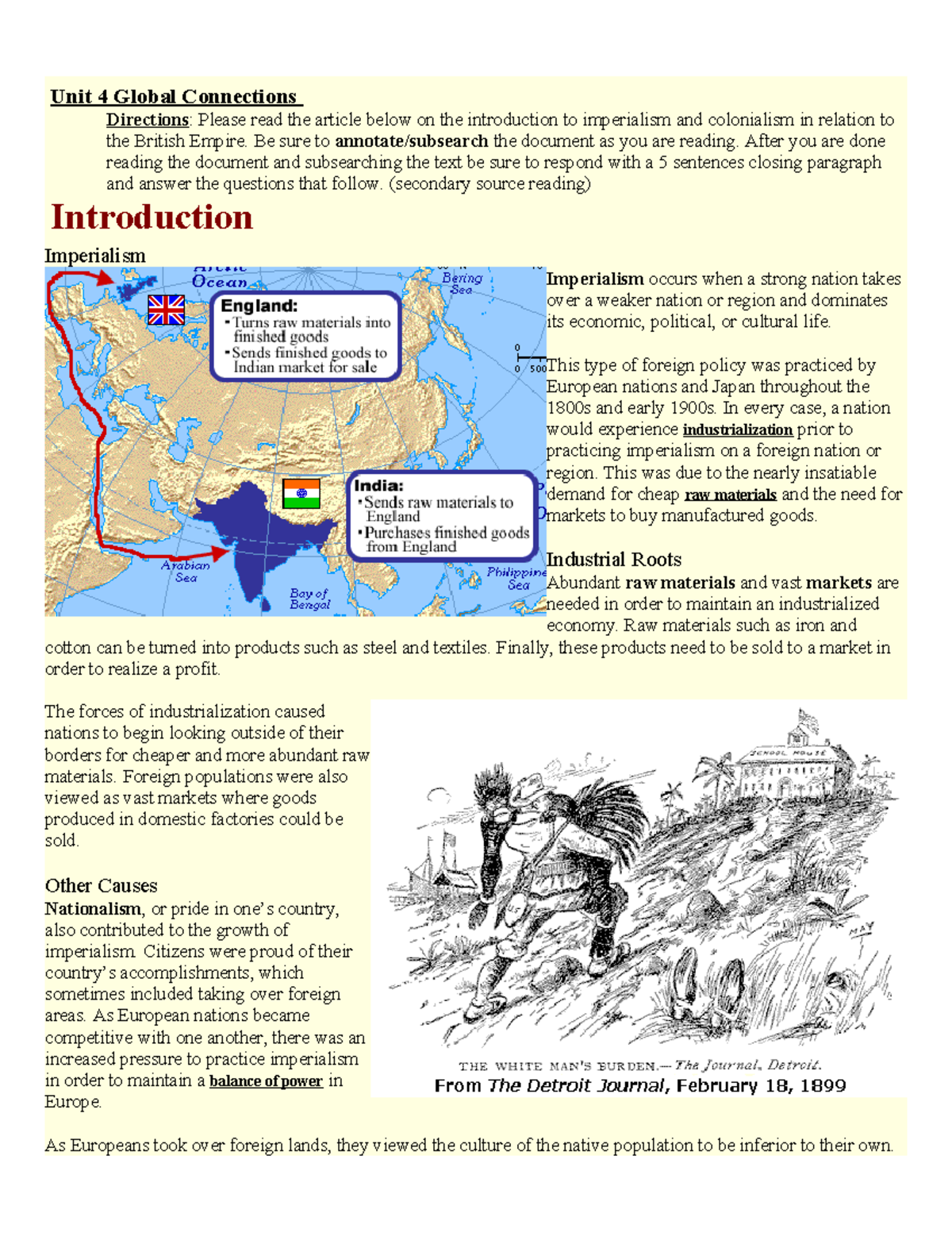 Motives For Imperialism - Unit 4 Global Connections Directions: Please ...