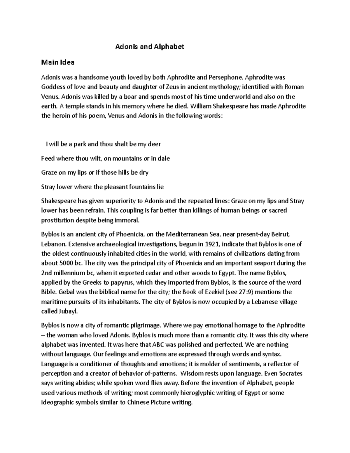 Adonis and Alphabet - Adonis and Alphabet Main Idea Adonis was a ...