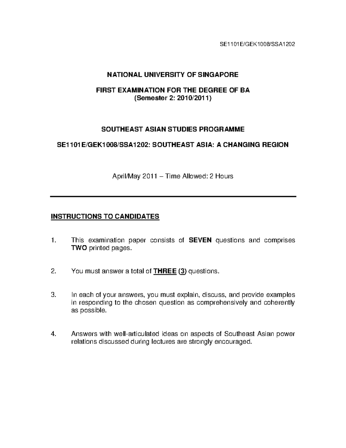 Exam May 2011, questions - SE1101E/GEK1008/SSA1202 NATIONAL UNIVERSITY ...