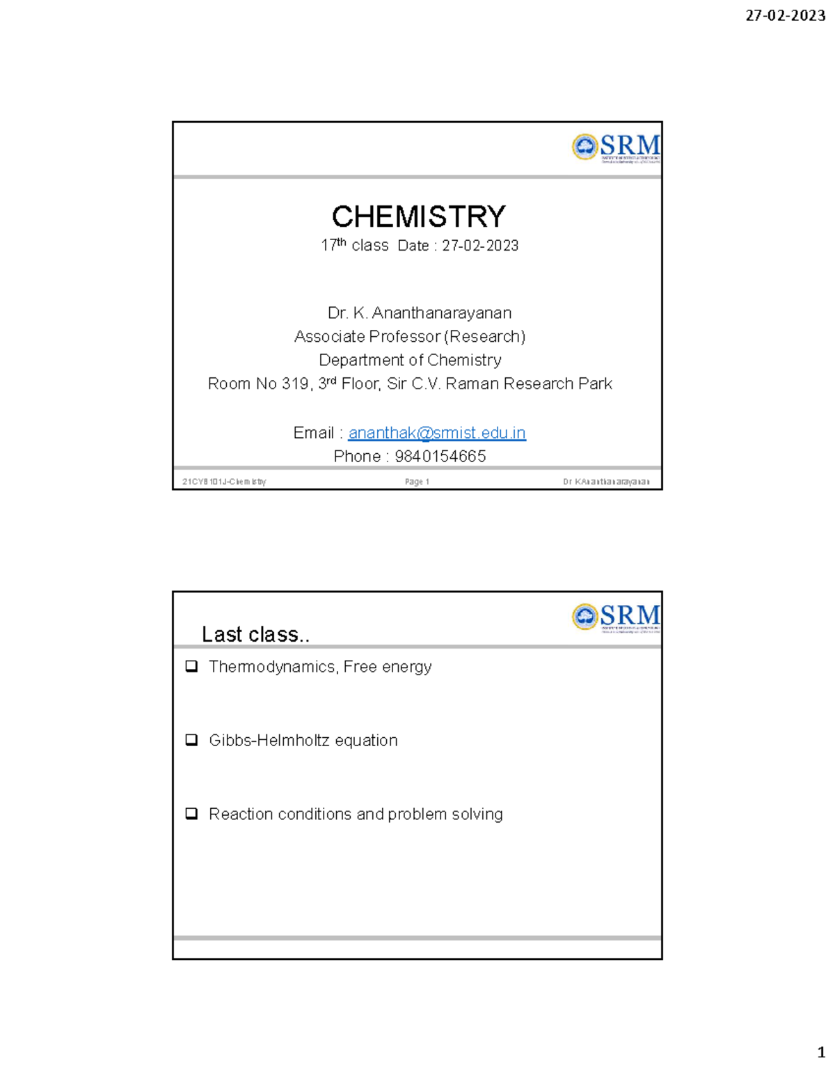 Lecture Handouts 14 17 21cyb101j Chemistry Page 1 Dr K Ananthanarayanan Dr Dr K