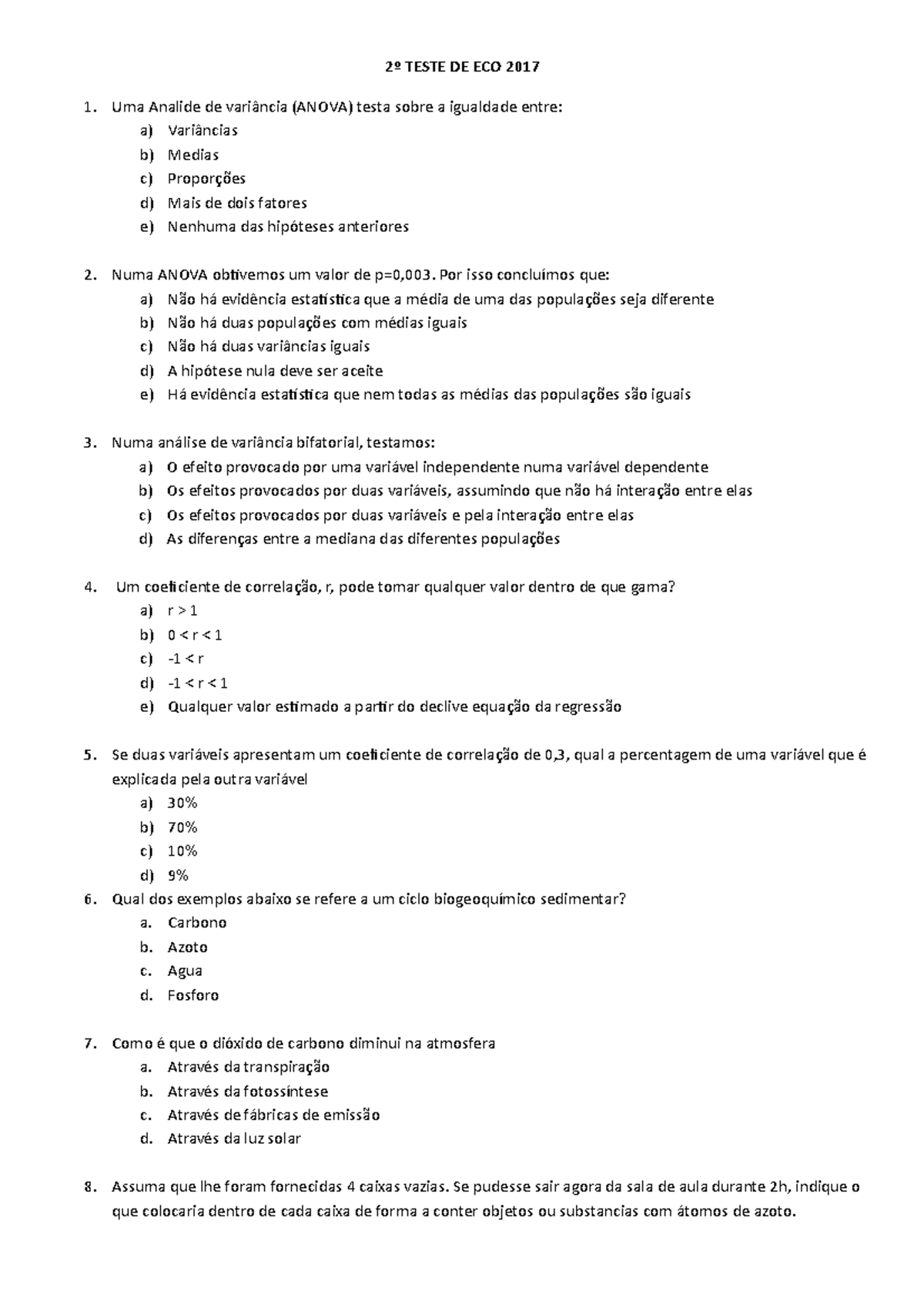segundo teste de eco - 2º TESTE DE ECO 2017 Uma Analide de variância ...