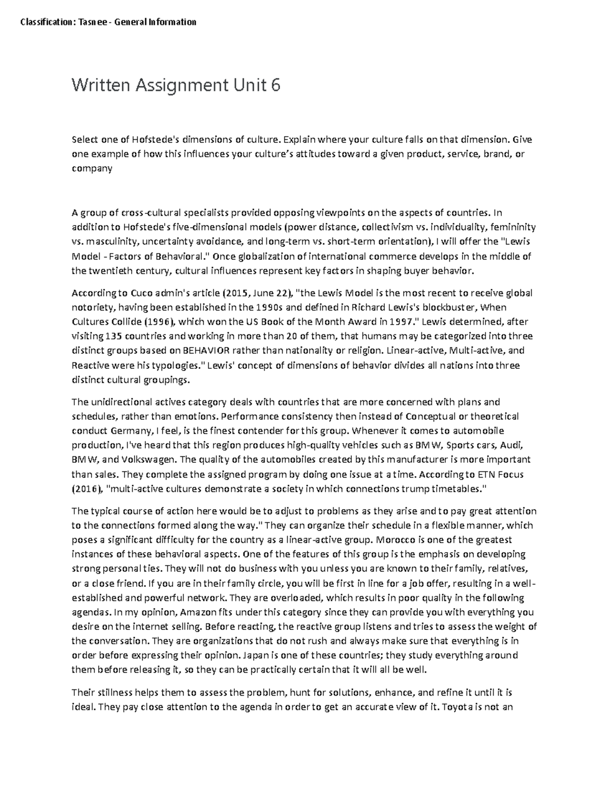Written Assignment Unit 6 - Classification: Tasnee - General ...