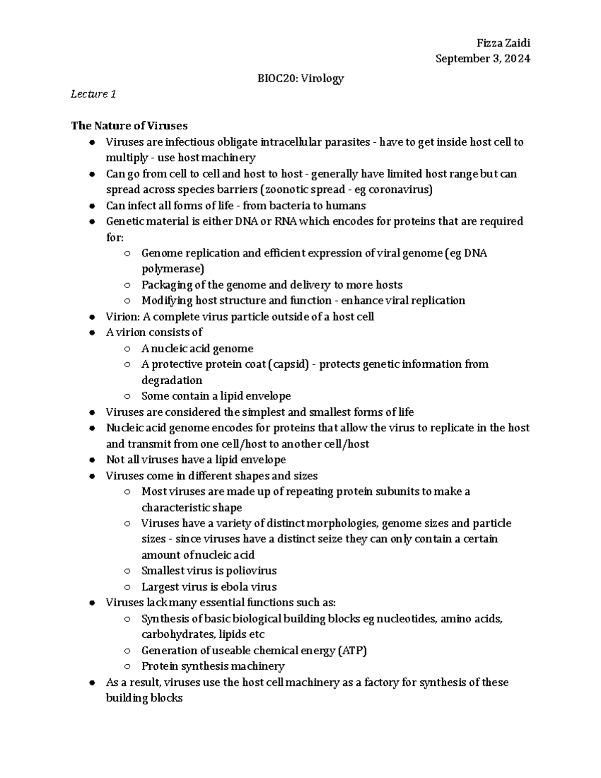 BIOC20 Virology - notes - September 3, 2024 BIOC20: Virology Lecture 1 ...