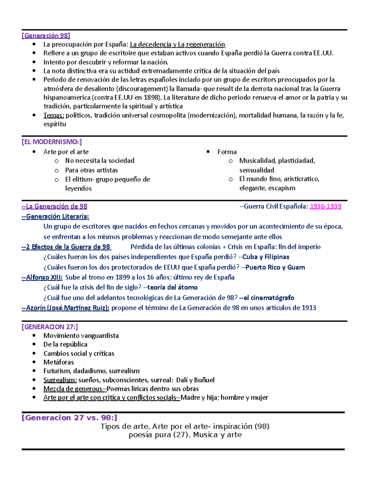 La Generación de 98 Final Notes - La preocupación por España: La ...