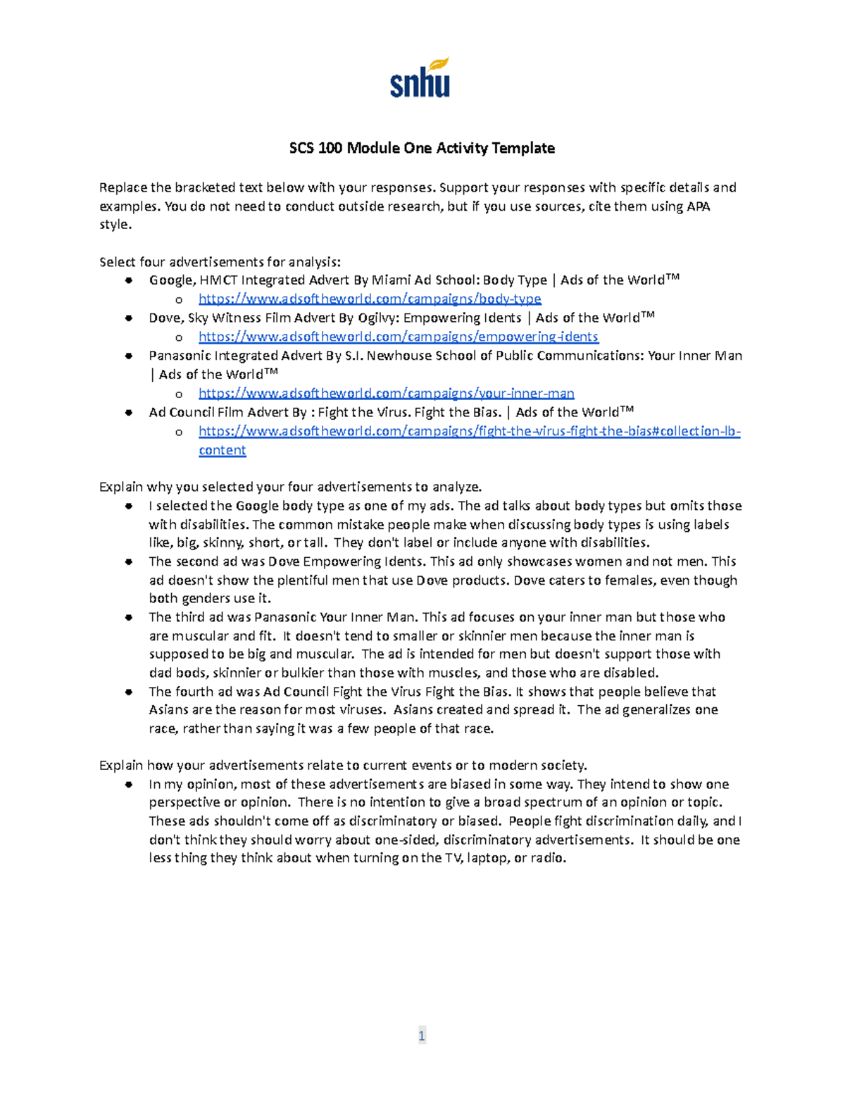 SCS 100 Module One Activity Template - SCS 100 Module One Activity ...
