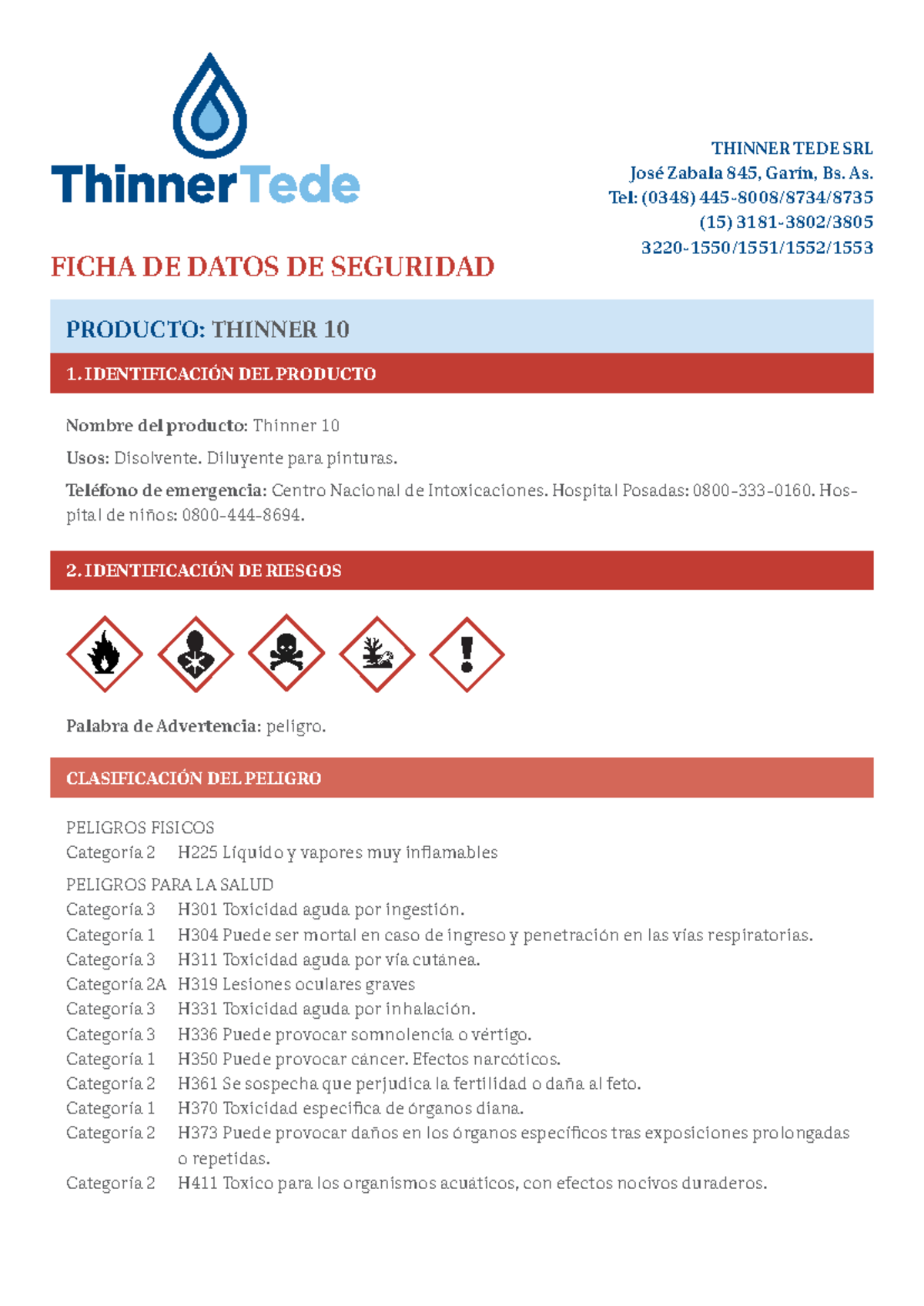 HDS Thinner-10 - Palabra de Advertencia: peligro. FICHA DE DATOS DE ...