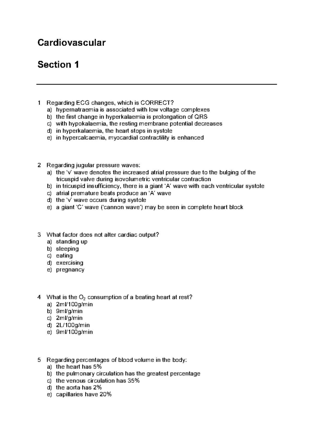 Paper 1 - Practice questions on CVS - Cardiovascular Section 1 1 ...