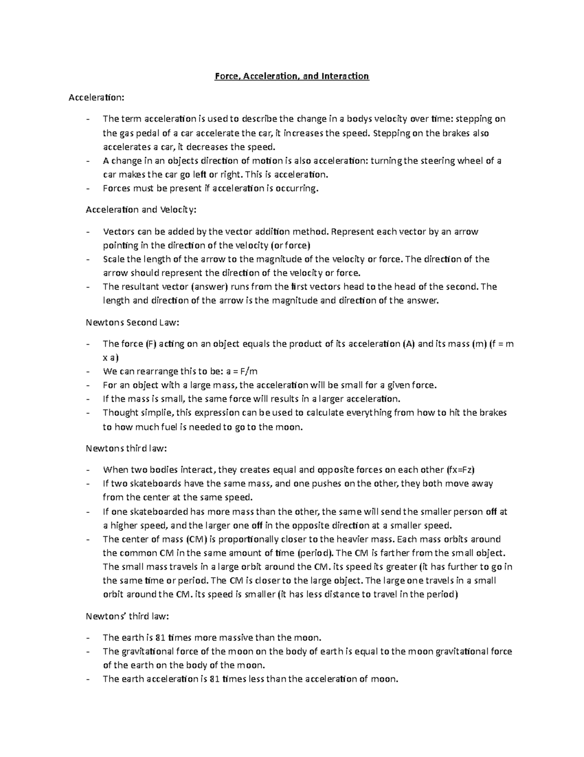 AST 111 unit 15 notes - Force, acceleration, and interaction (Newtons ...