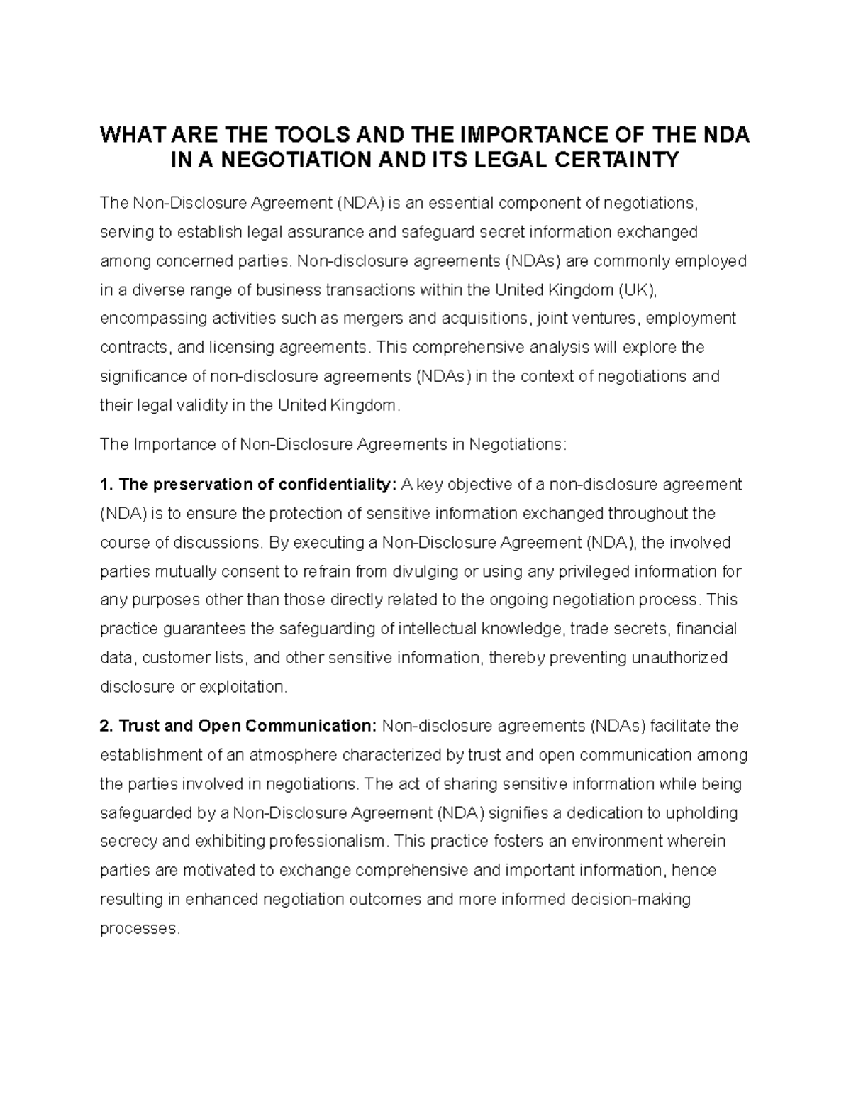 Importance OF NON Disclosure Agreement Paper one - WHAT ARE THE TOOLS ...