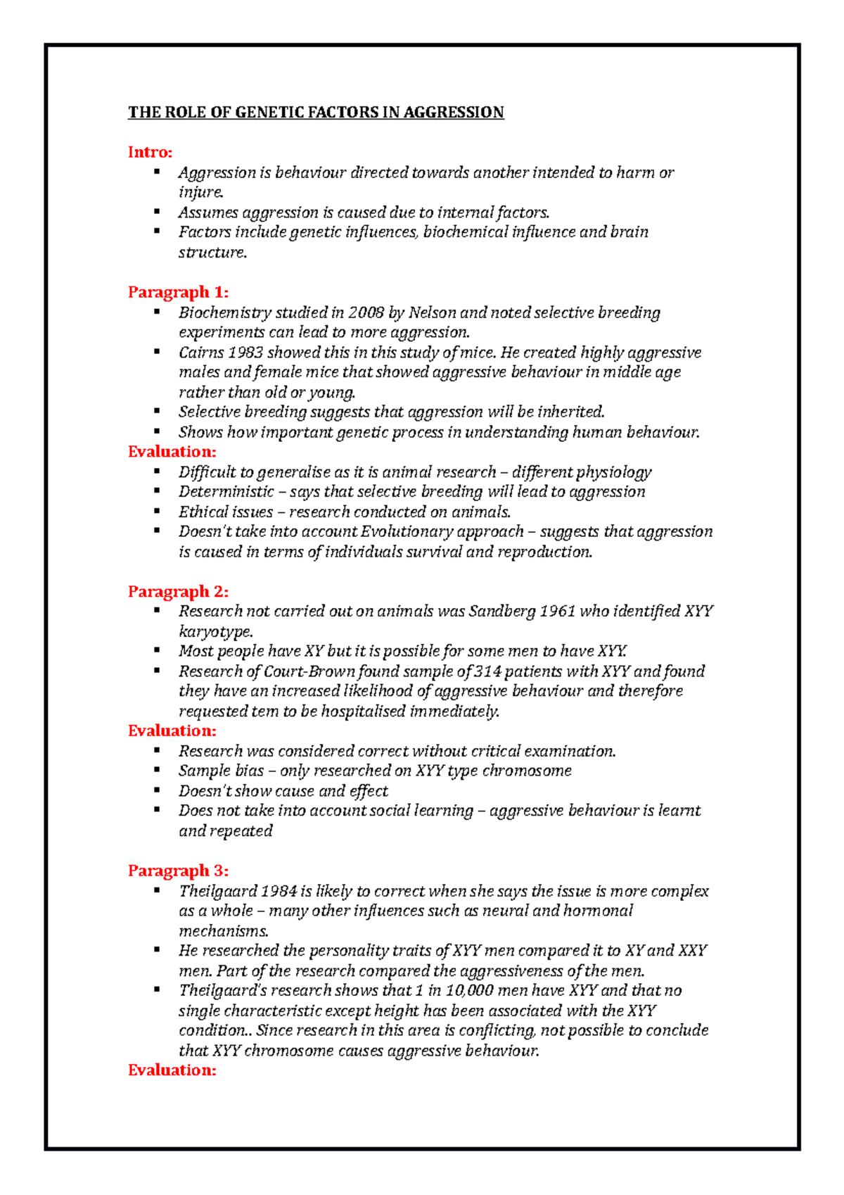 Aggression Essay Plans - THE ROLE OF GENETIC FACTORS IN AGGRESSION ...