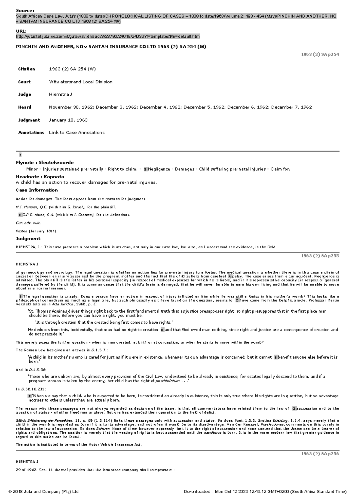 Pinchin AND Another, NO v Santam Insurance CO LTD 1963 (2) SA 254 (W ...