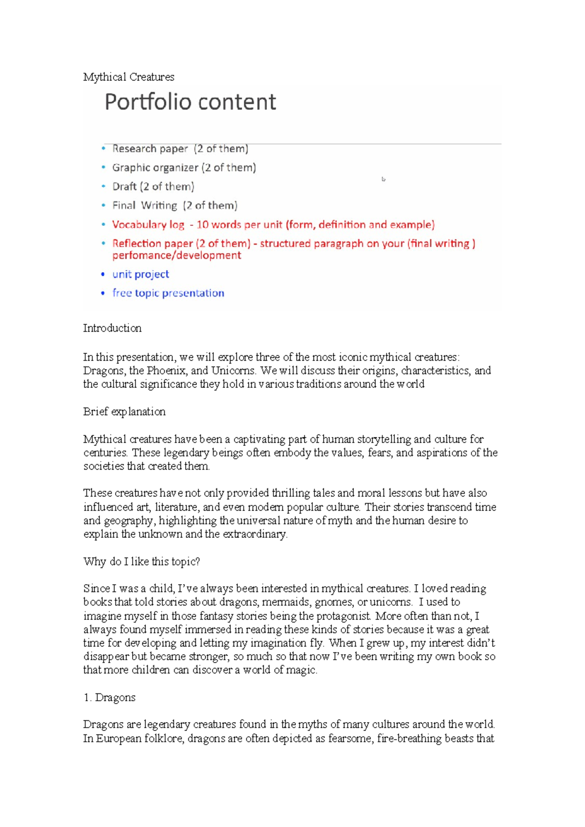 Mythical Creatures - notes - Mythical Creatures Introduction In this ...