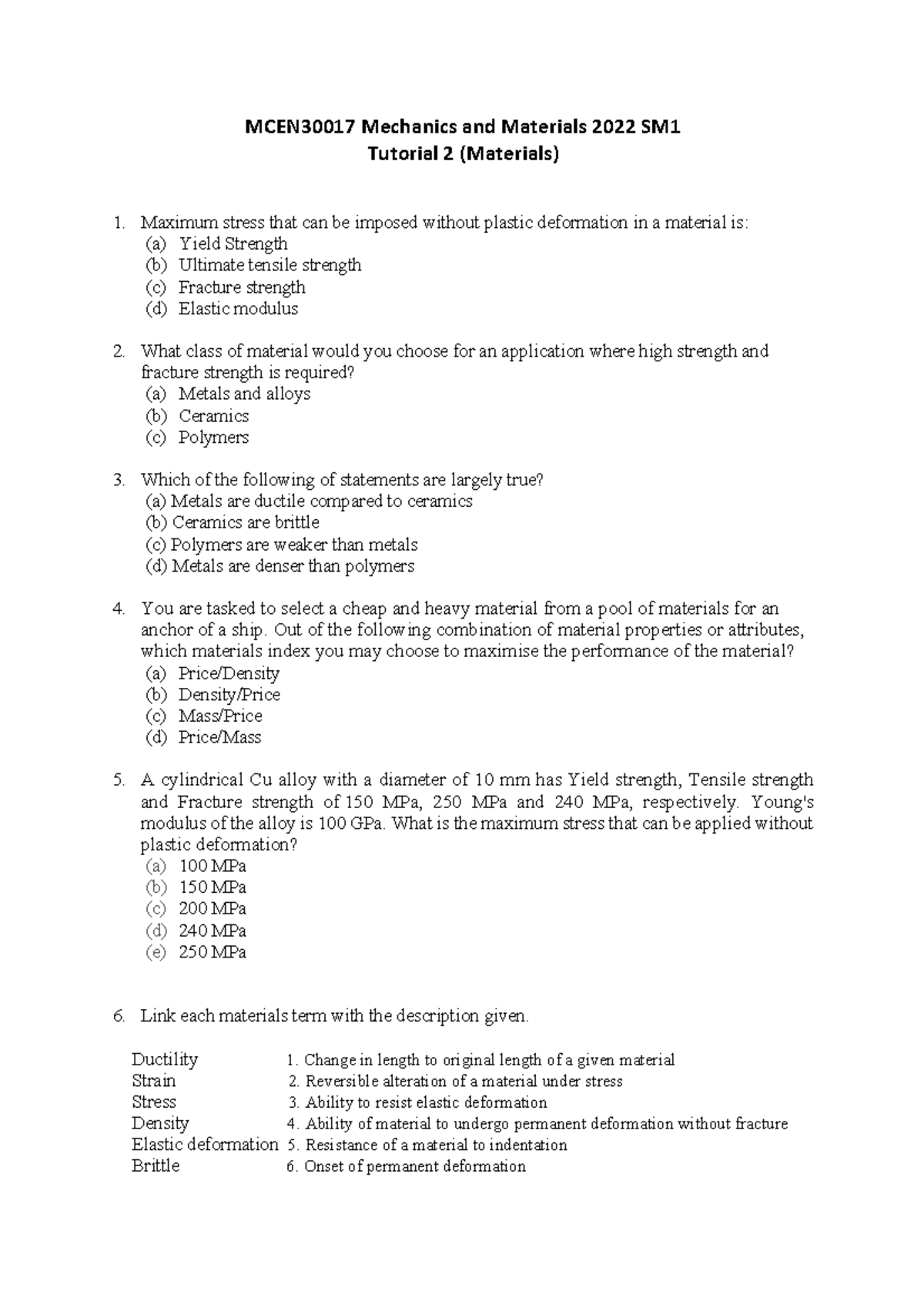 Materials-Tutorial 2-v2 - MCEN30017 Mechanics and Materials 2022 SM Tutorial 2 (Materials ...