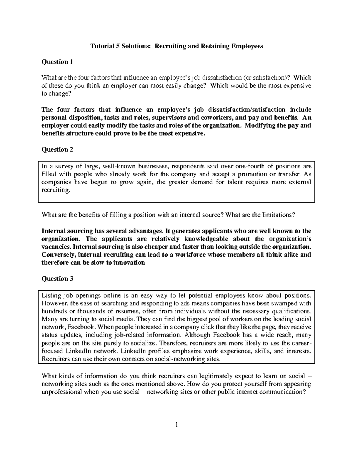 Tutorial 5 Questions and Answers -Recruitting and Retaining Employees - 1 Tutorial 5 Solutions ...