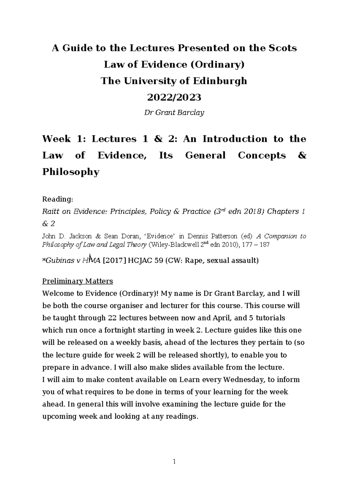 Lecture Guide - Week 1 2023 - A Guide to the Lectures Presented on the ...