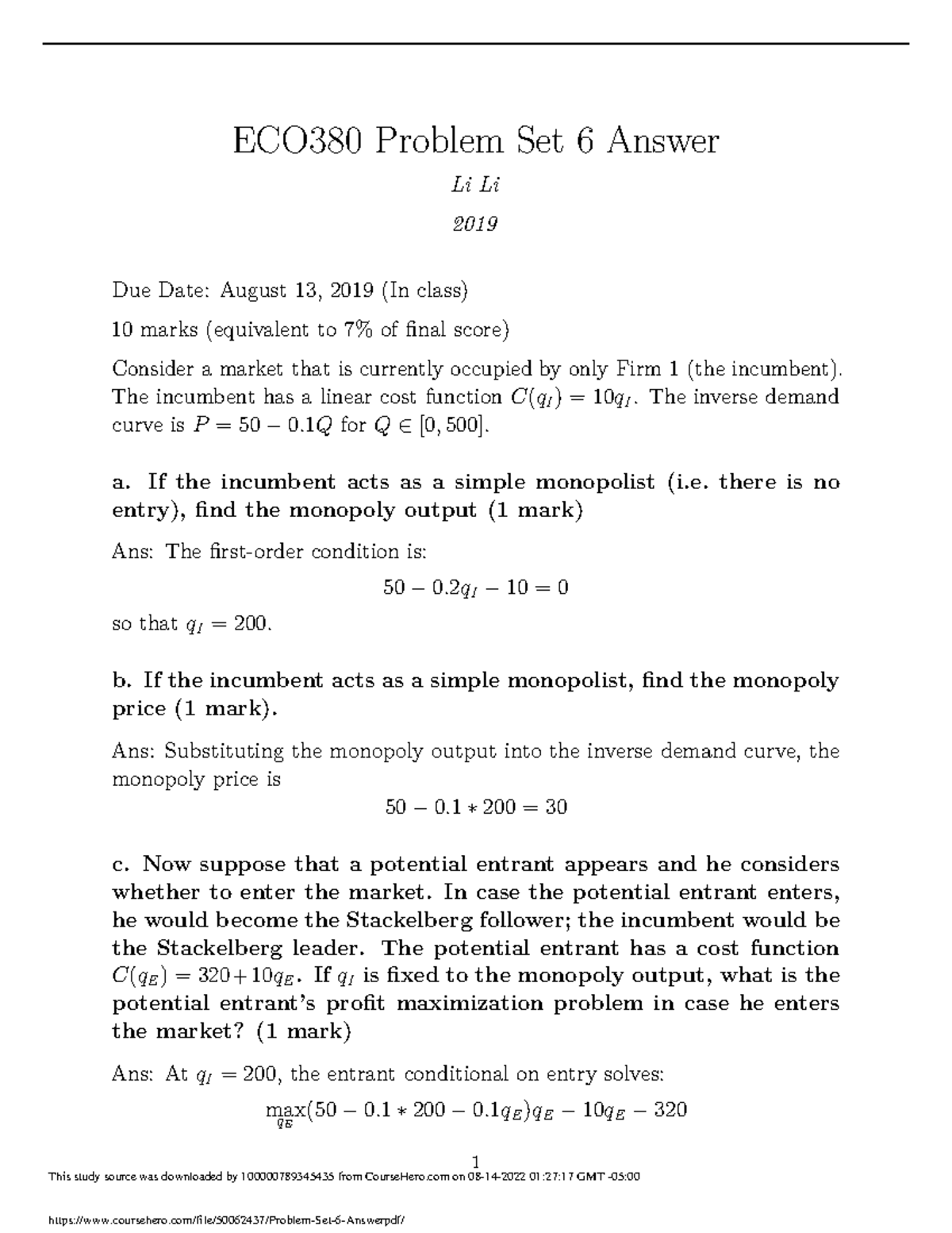 Problem Set 6 Answer - ECO380 Problem Set 6 Answer Li Li 2019 Due Date ...