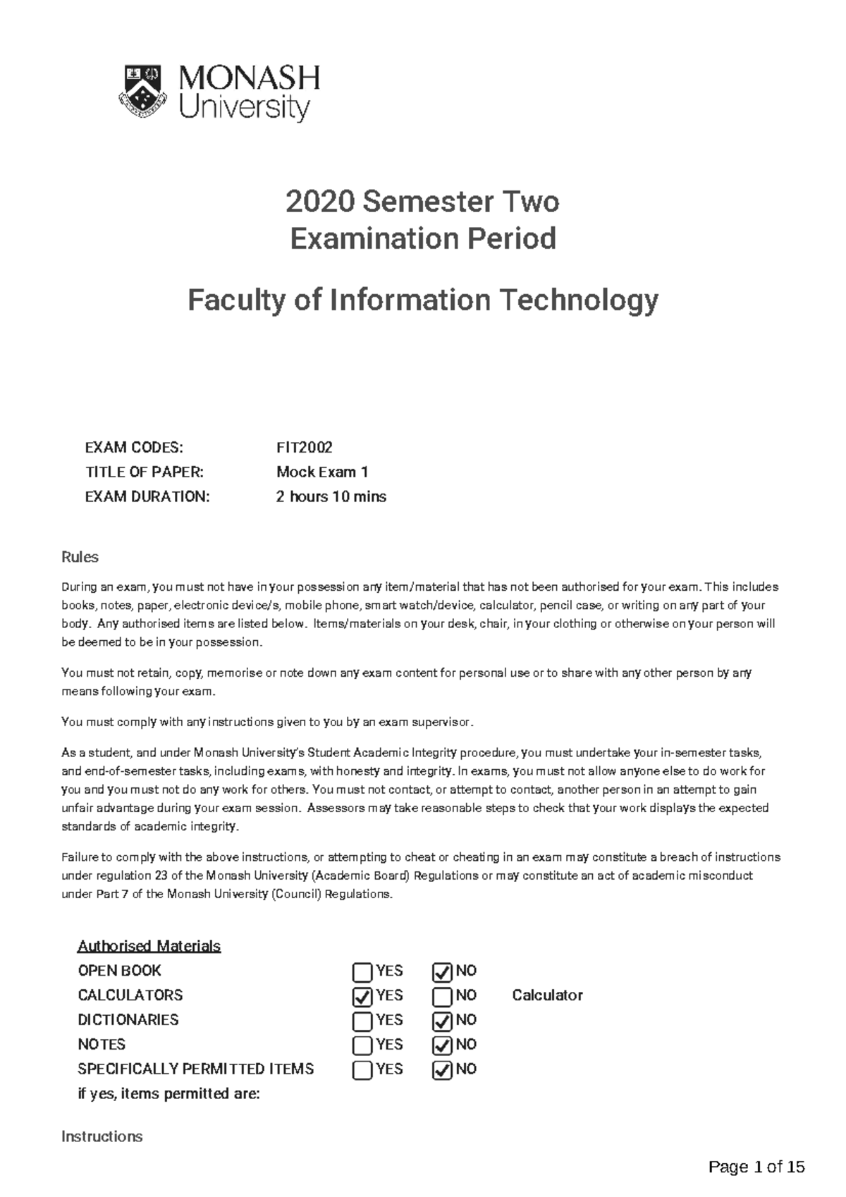 FIT2002 - Mock Sem 2 2020 with template - 2020 Semester Two Examination ...