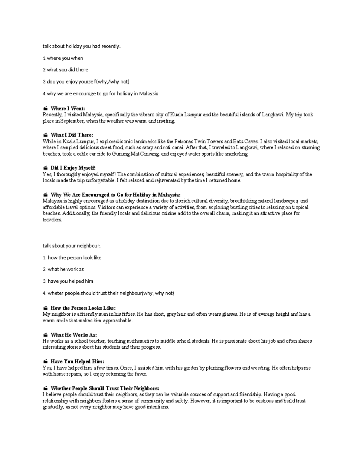 Speaking spm 2021 - dgsdgfafAf - talk about holiday you had recently: 1 ...