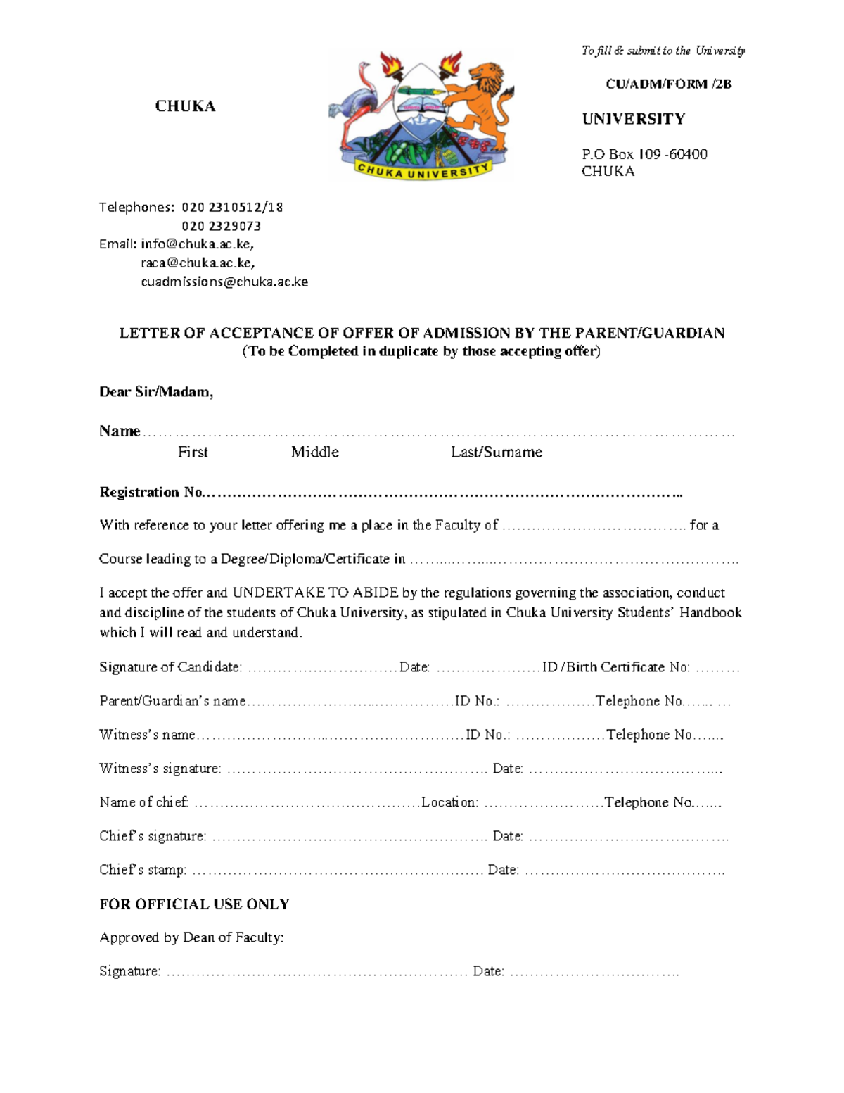 4. students' form 2b - KJJHK - CHUKA To fill & submit to the University ...