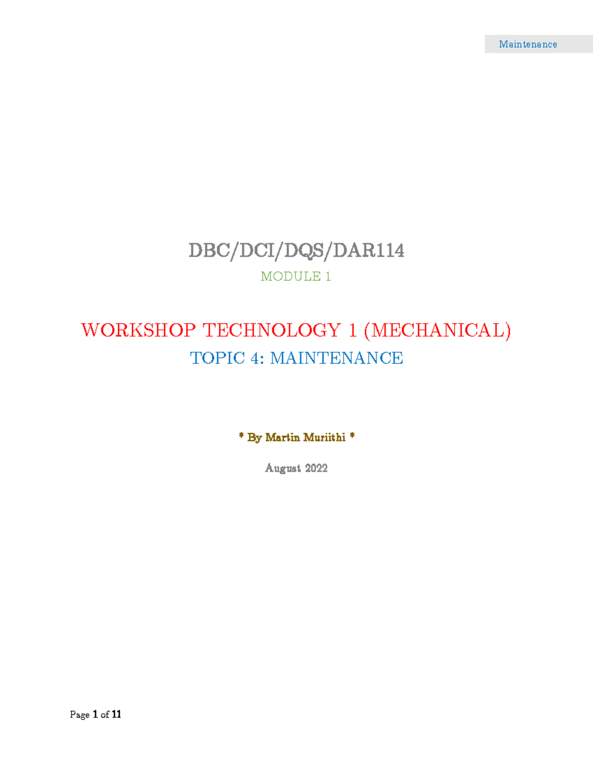 4. Maintenance Handout (Workshop Technology I) - DBC/DCI/DQS/DAR MODULE ...