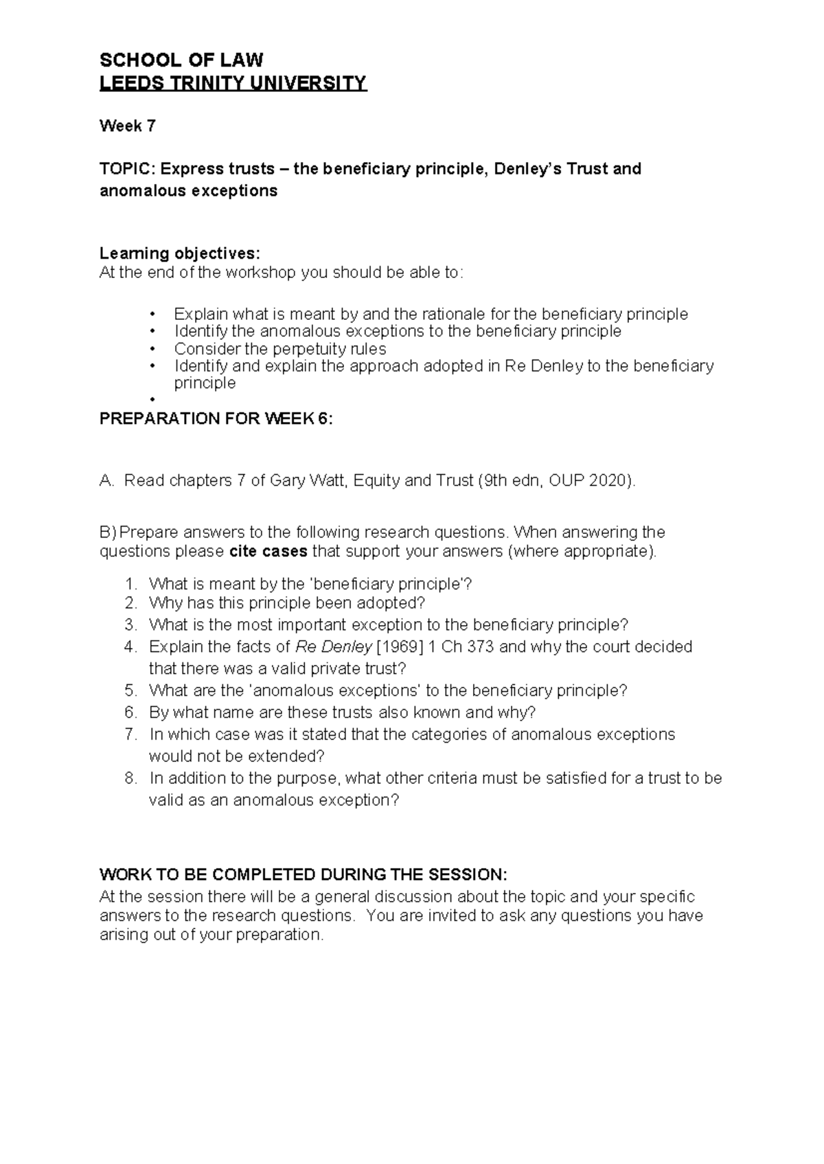 Week 7- The beneficiary principle and anomalous exceptions - SCHOOL OF ...