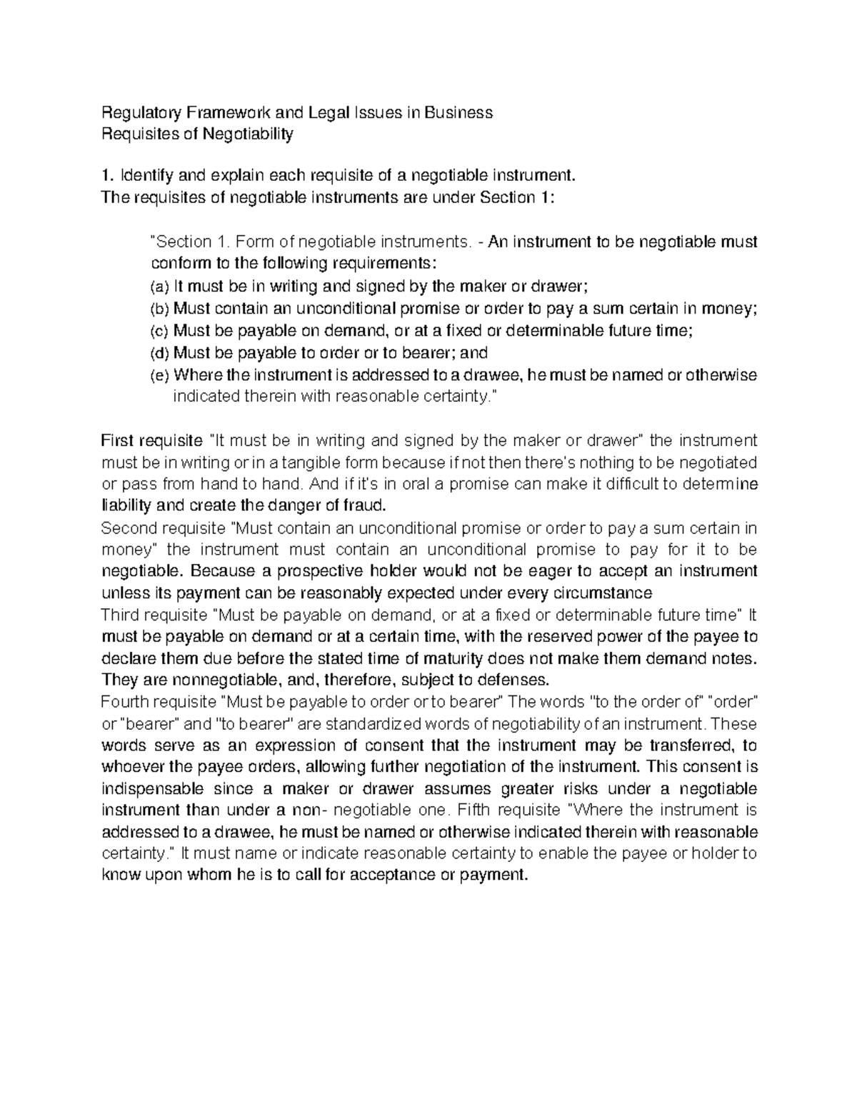 Requisites of Negotiability - Law On Business Organizations - ANTEO ...