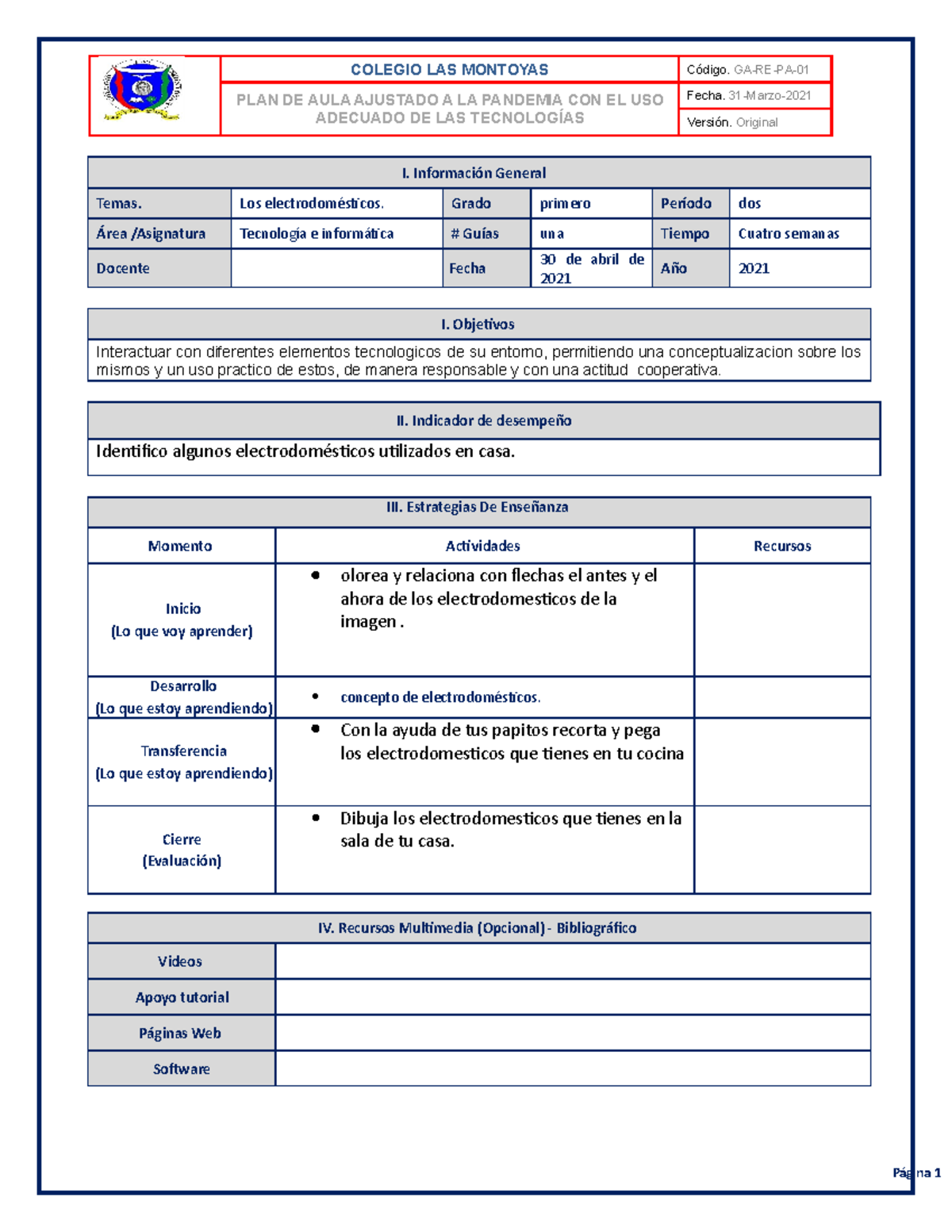 formatos de tecnologia e informatica - COLEGIO LAS MONTOYAS Código. GA ...